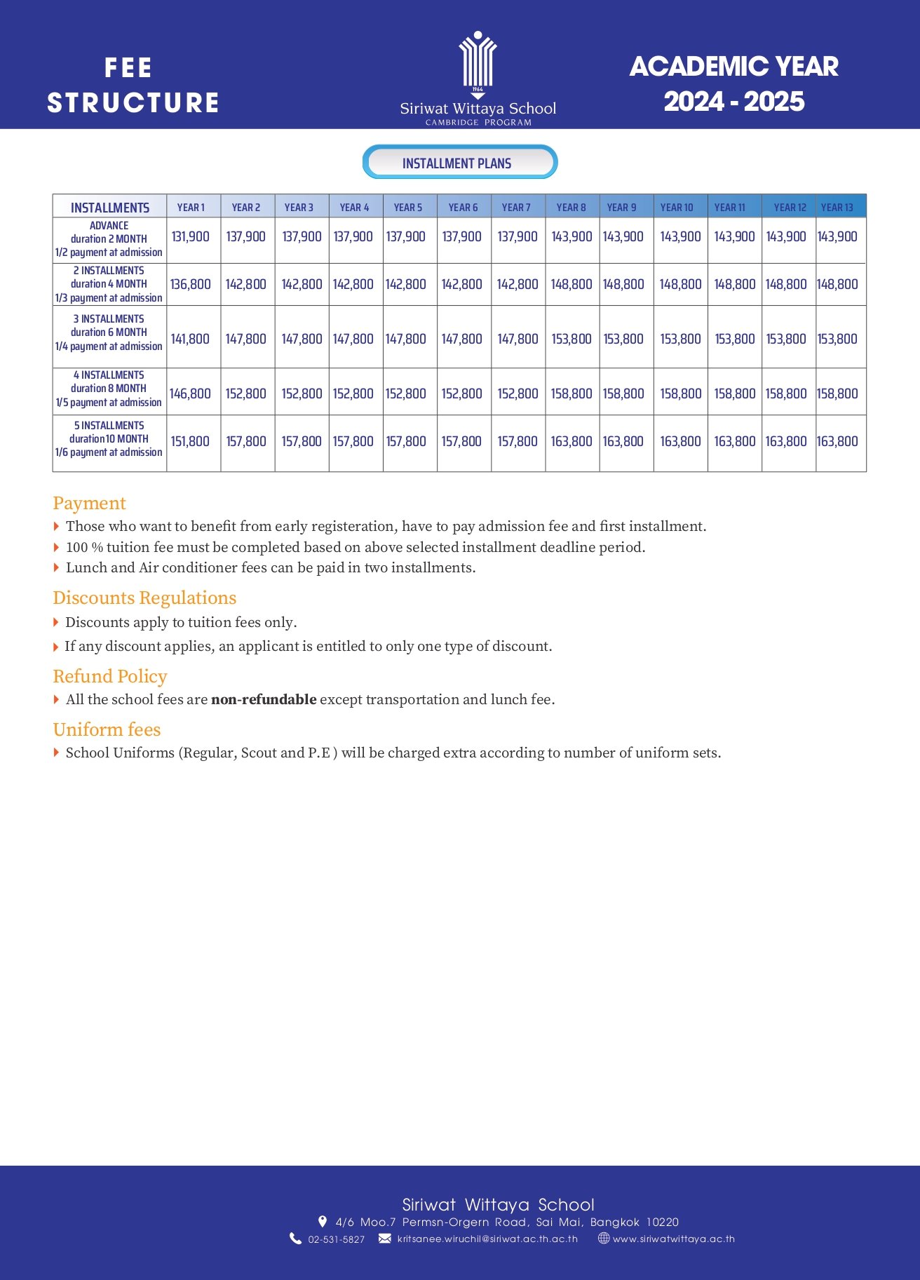 siriwat School Fee - siriwat.ac.th
